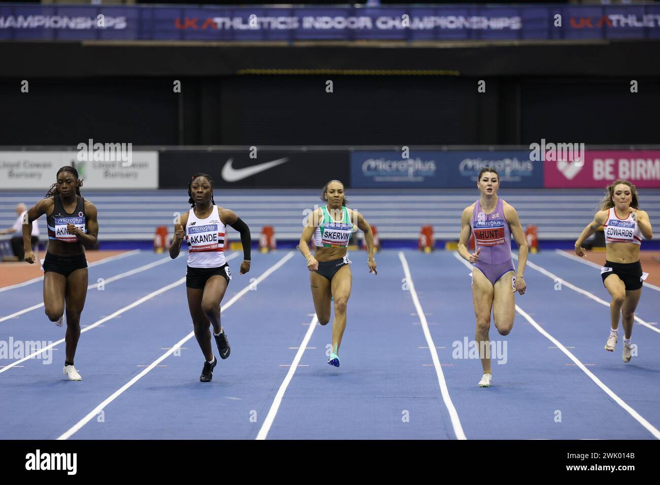 Amy Hunt wins a Womens' 60m semi-final, ahead of teenagers Mabel Akande ...