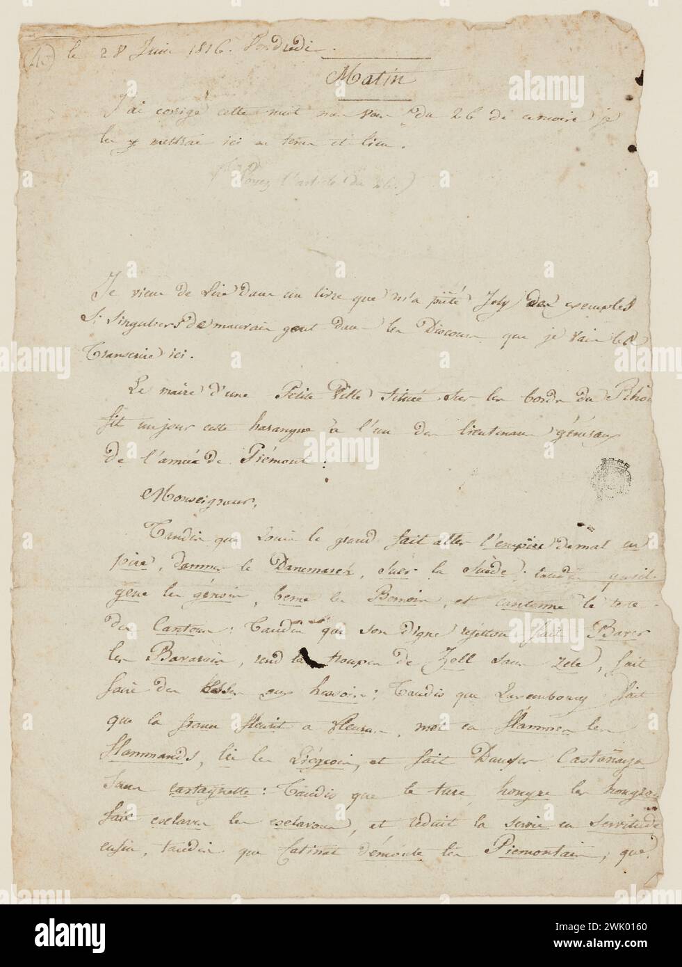 HUGO, Victor (N.1802-02-26-D.1885-05-22), Fragment of a diary, June 28 ...