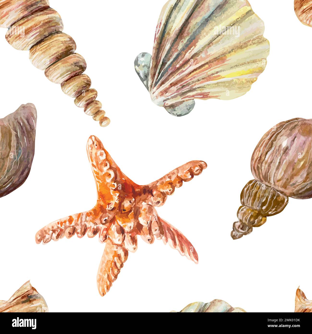 Seashells, starfish, seamless pattern, watercolor. Sea life vector ...