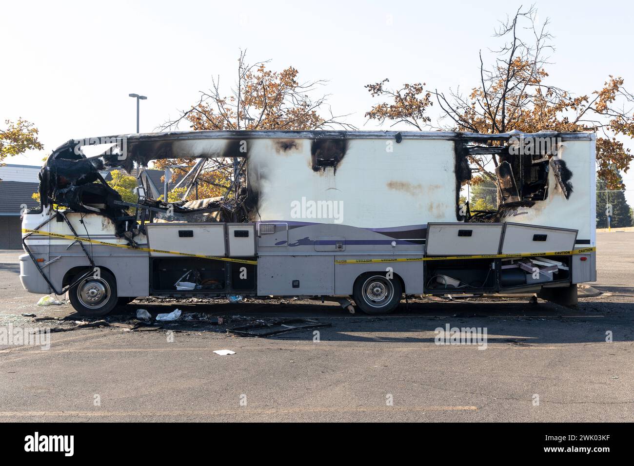 Burned out RV motorhome interior after a fire or explosion or fire bomb ...