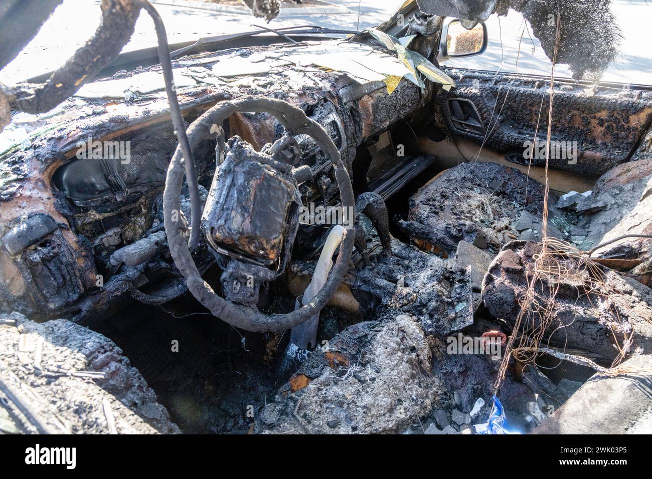 Burned out RV motorhome interior after a fire or explosion or fire bomb ...