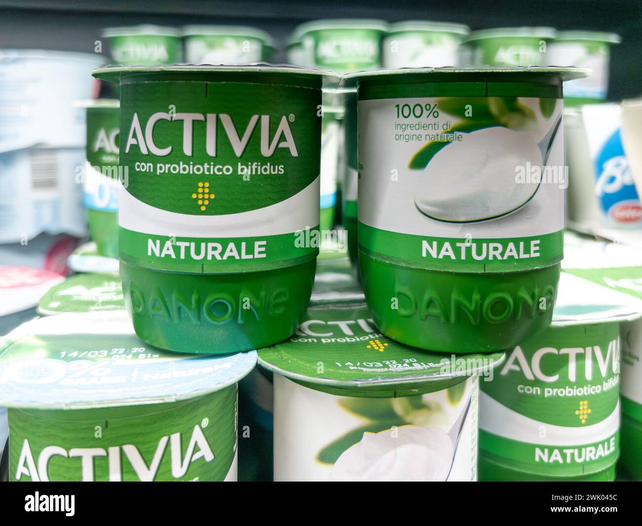 Italy - February 17, 2024: Activia with Bifidus probiotic, yogurt packs ...