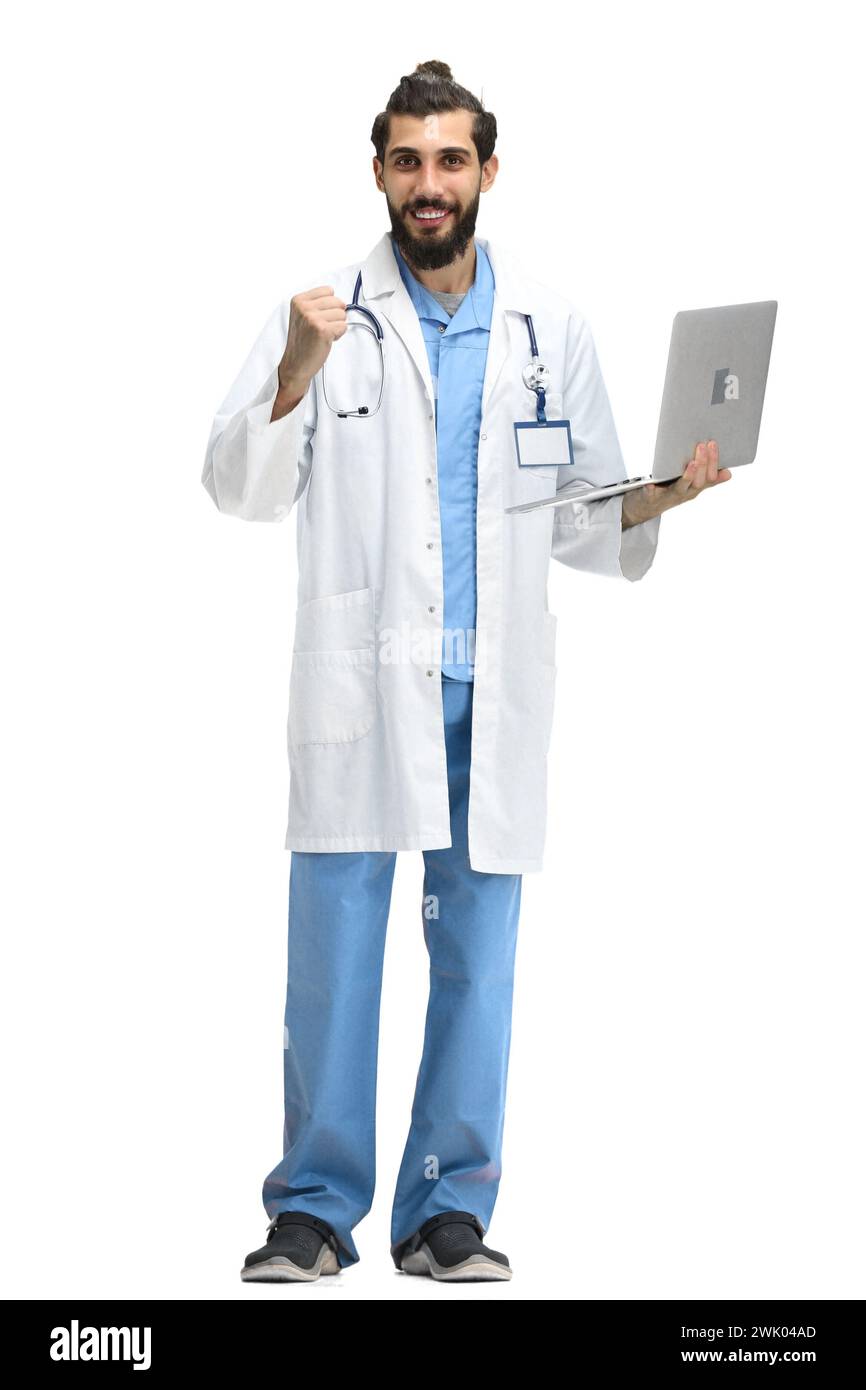 Male doctor, full-length, on a white background, with a laptop Stock ...