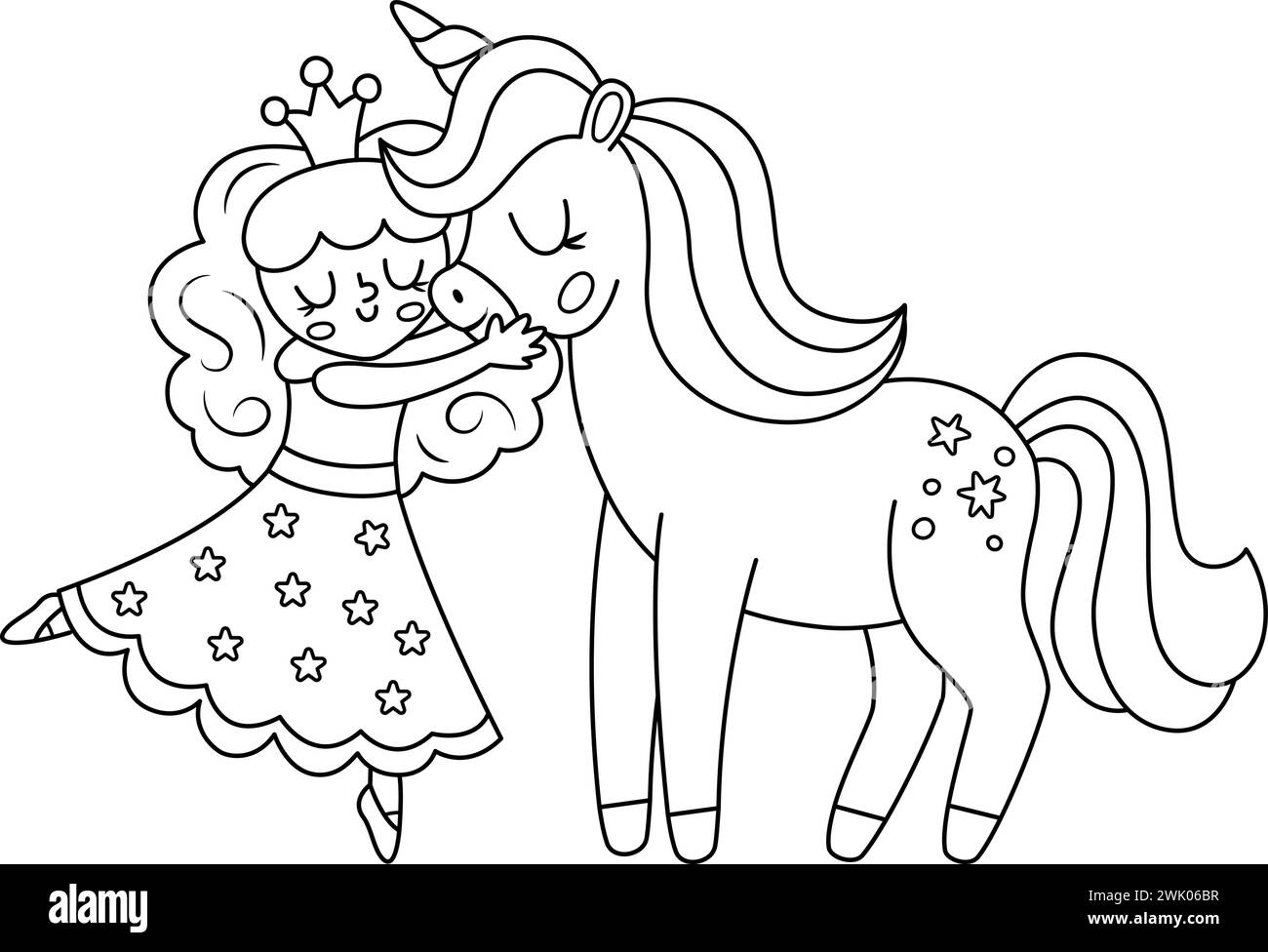 Vector black and white fairy icon. Fantasy sorceress with crown hugging ...