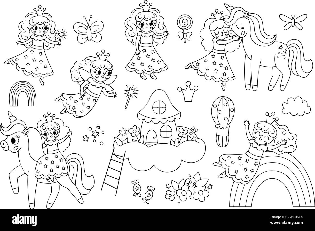 Vector black and white fairy set. Fantasy line sorceress with magic ...