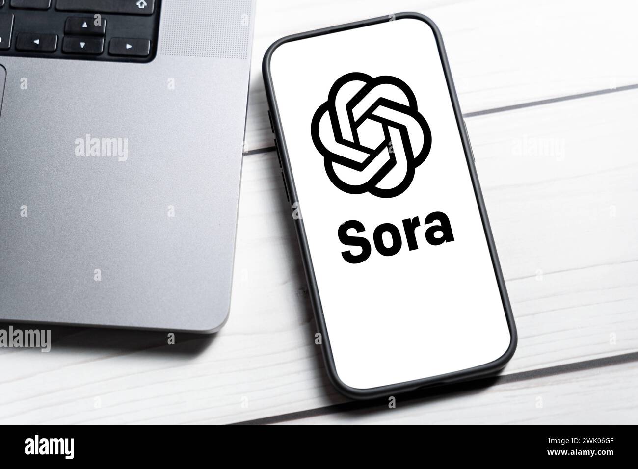 February 17, 2024: OpenAI Sora logo on a smartphone display FOTOMONTAGE ...