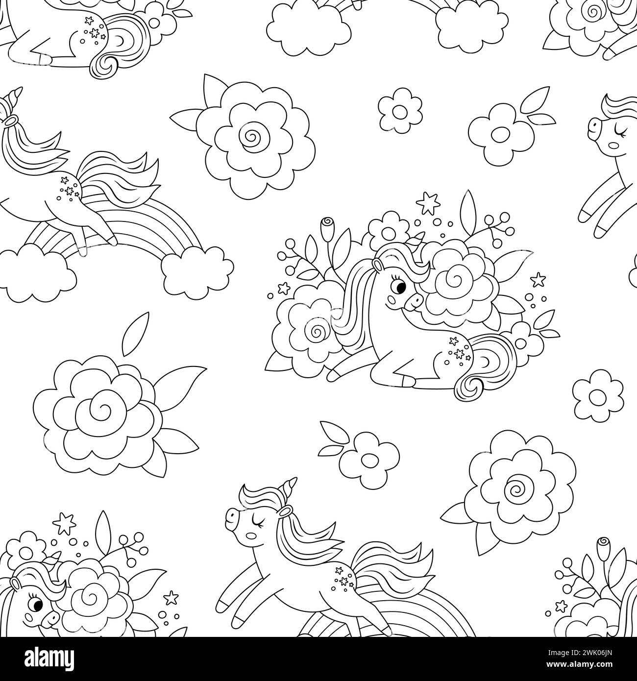 Vector black and white unicorns seamless pattern. Repeat line ...
