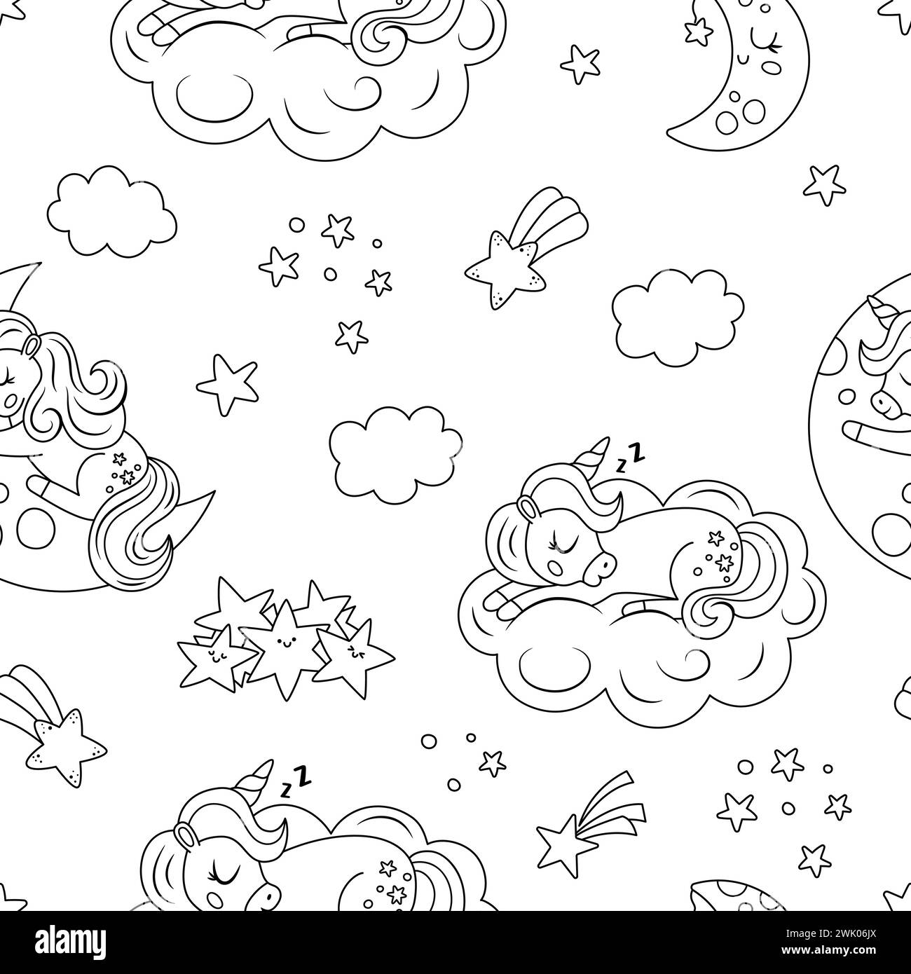 Vector black and white seamless pattern with sleeping unicorns. Repeat ...