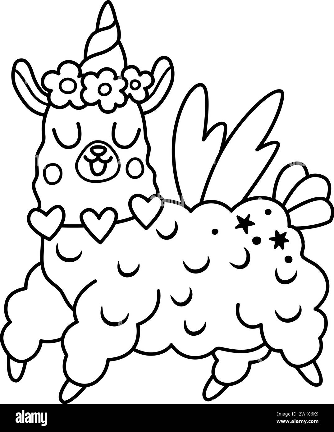 Vector black and white happy llama unicorn. Fantasy animal with rainbow ...