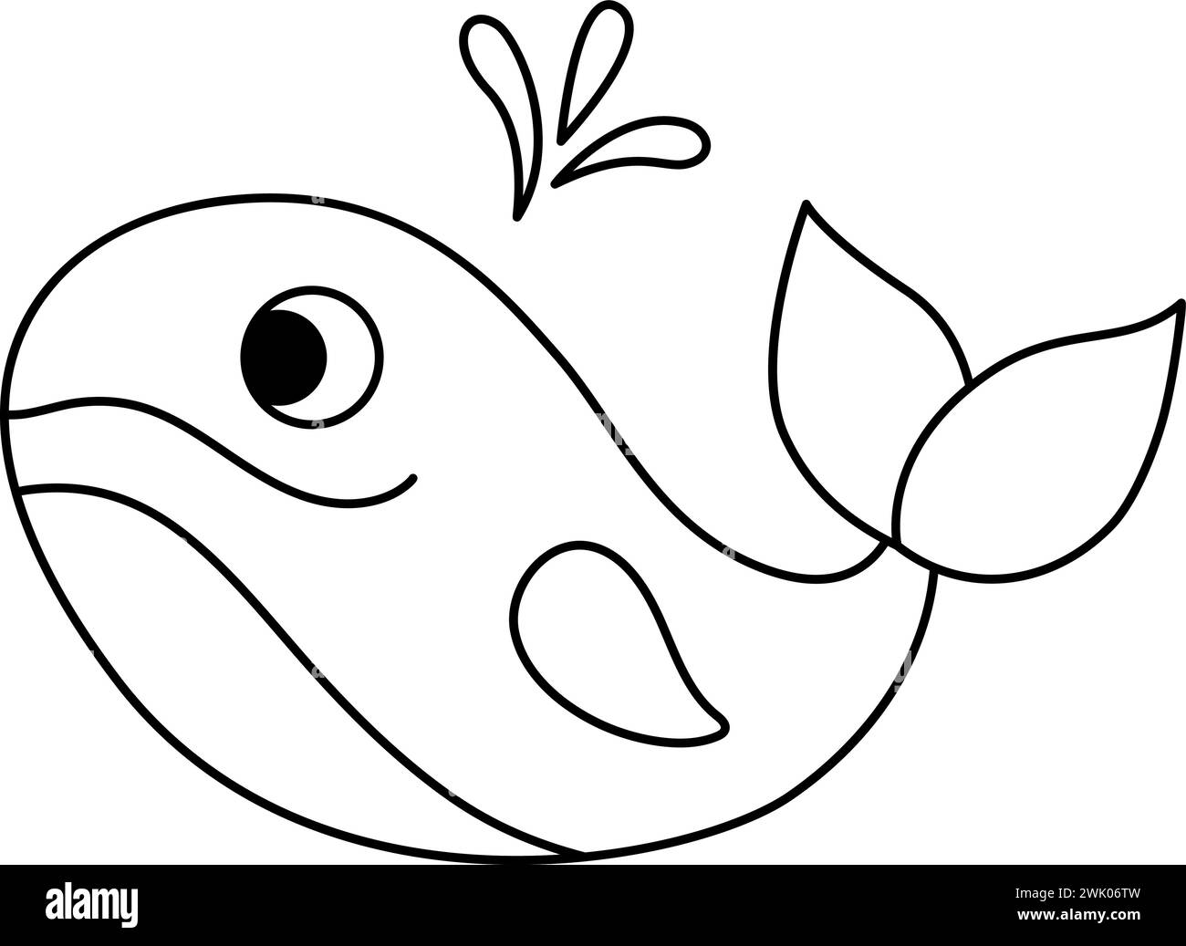 Vector black and white whale illustration for children. Cute line water ...