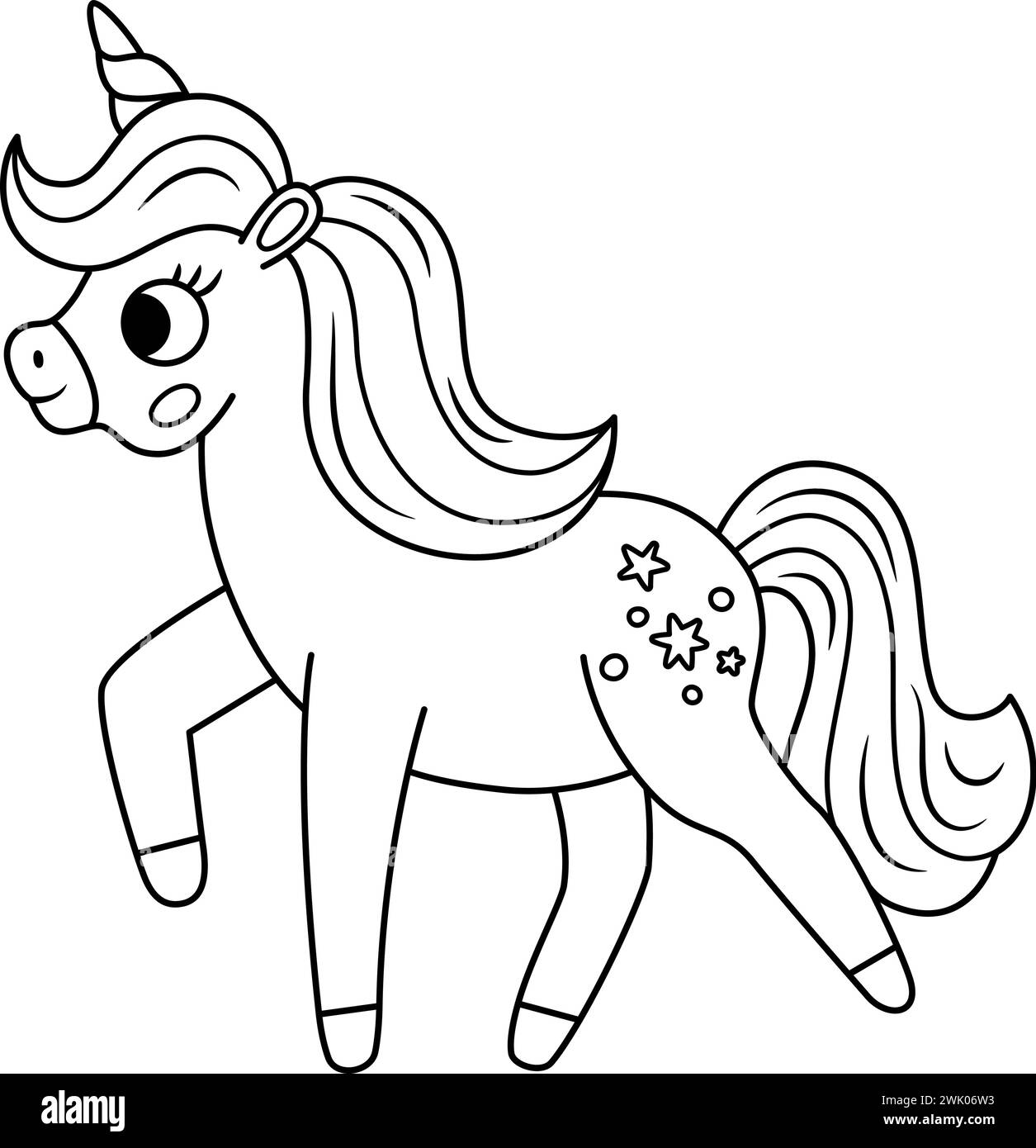 Vector black and white unicorn with horn and mane. Fantasy walking ...