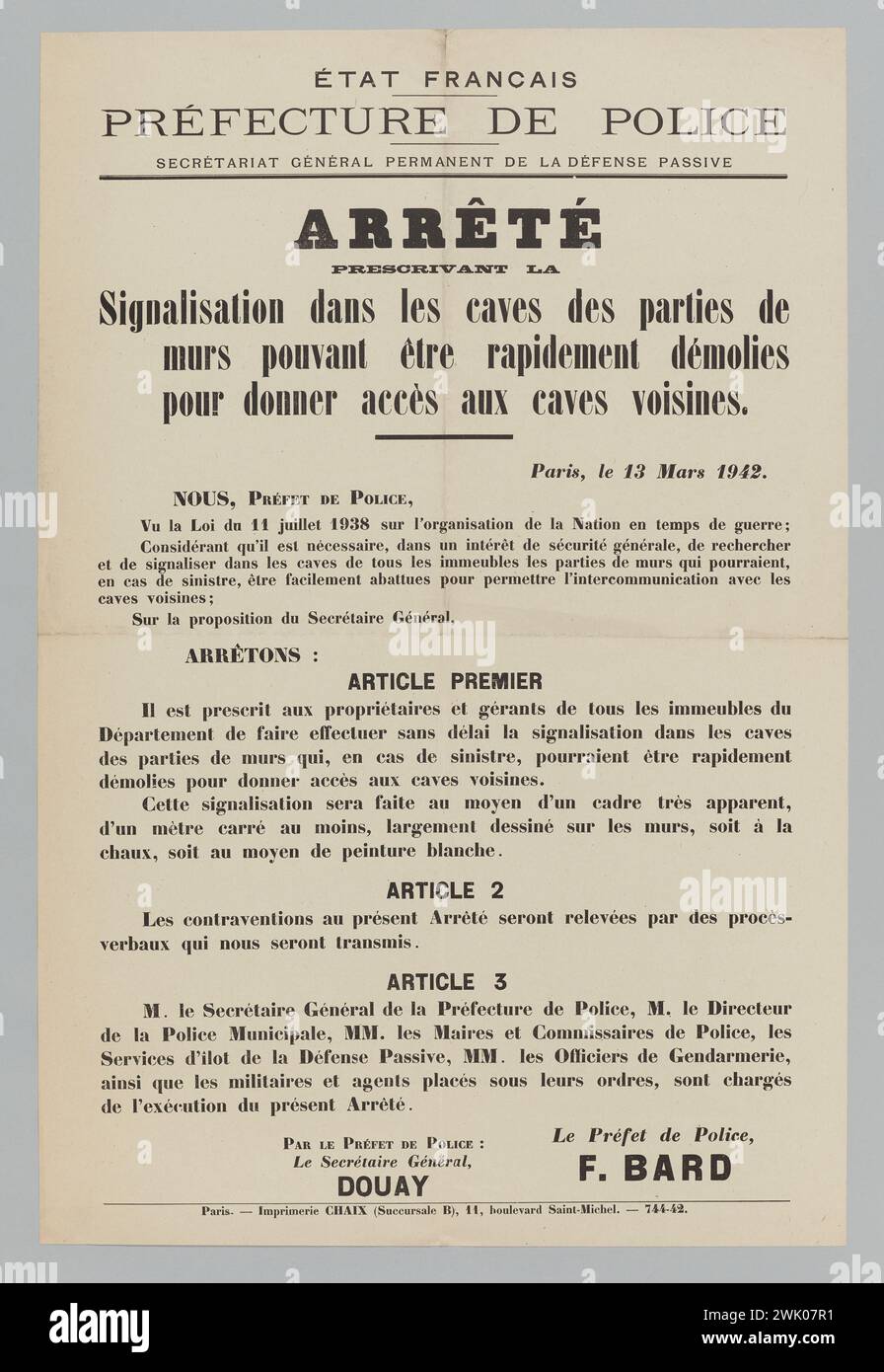 Imprimerie Chaix, French State/ Police Prefecture/ Permanent General ...