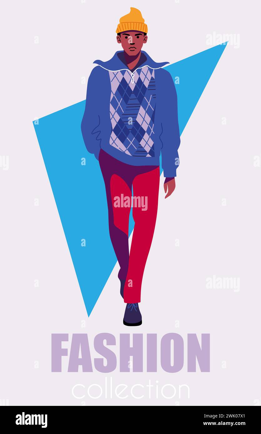 Male model dressed in haute couture clothing on fashion show. Flat vector poster Stock Vector ...
