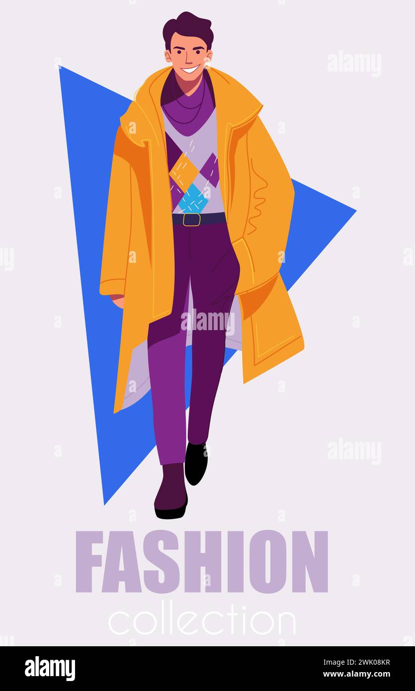 Male model dressed in haute couture clothing on fashion show. Flat ...