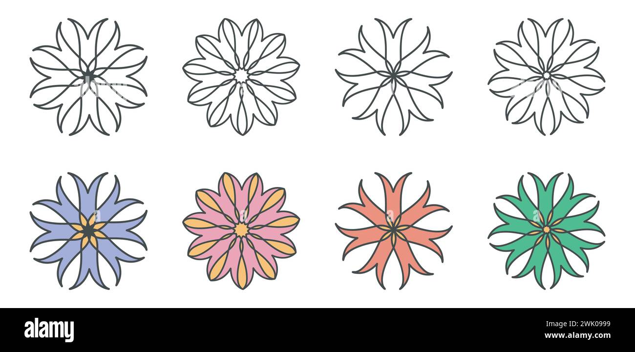 Flower icons set, bohemian style Logo, black line stroke. Creative ...
