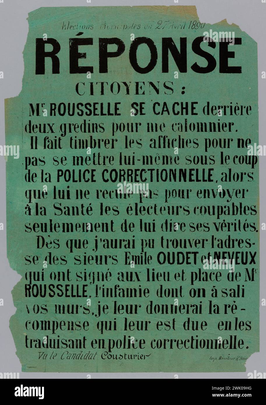 Ménétrier printing, municipal elections of April 27, 1890/ Response ...