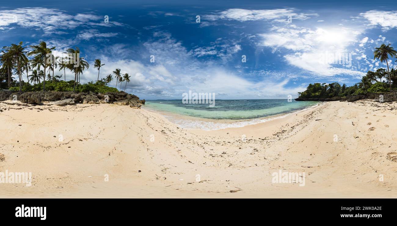 Tropical beach with coconut trees and waves on sand. Carabao Island in ...