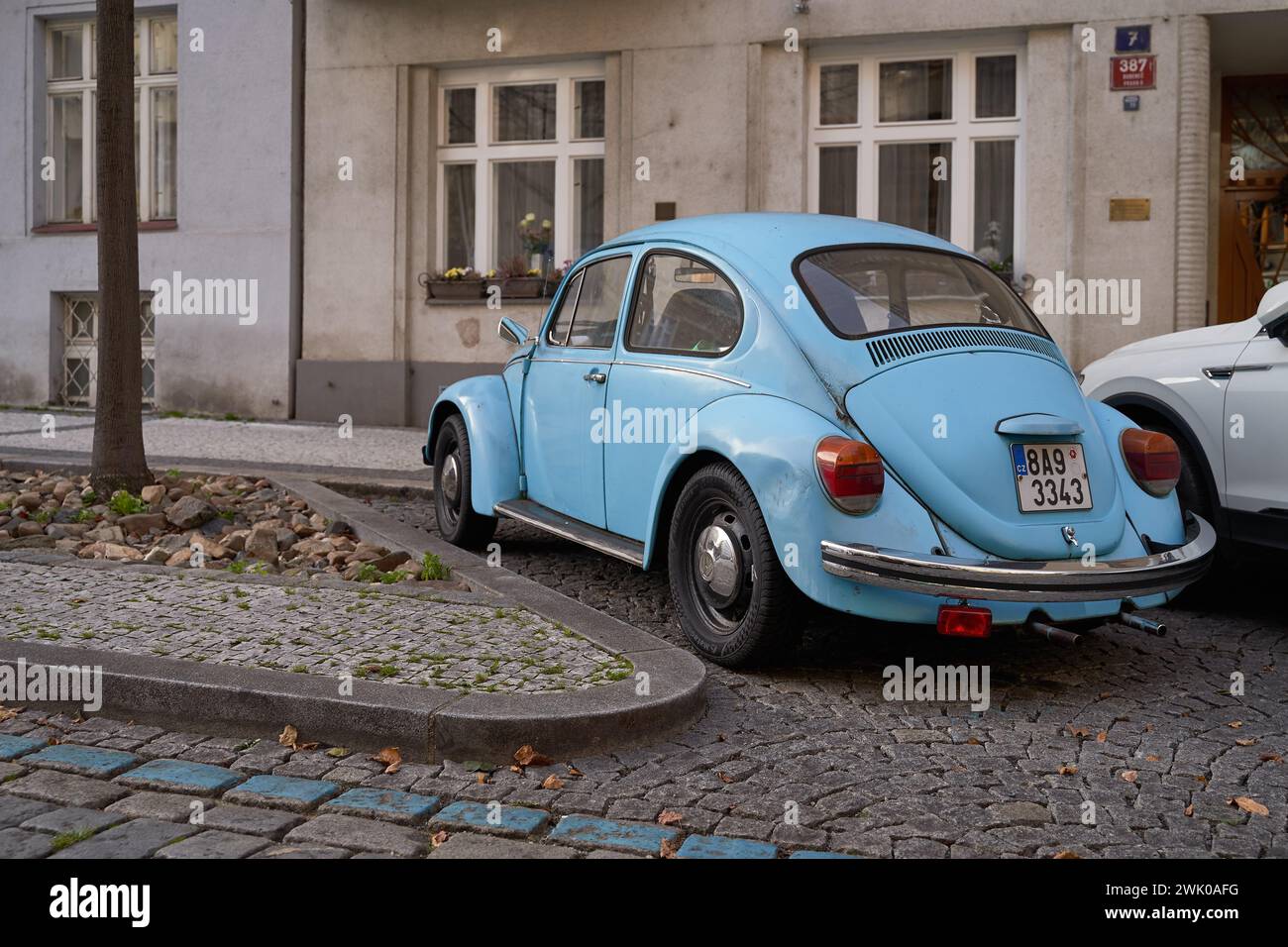 Rear view of Vintage light blue Volkswagen VW Beetle car parked on the ...