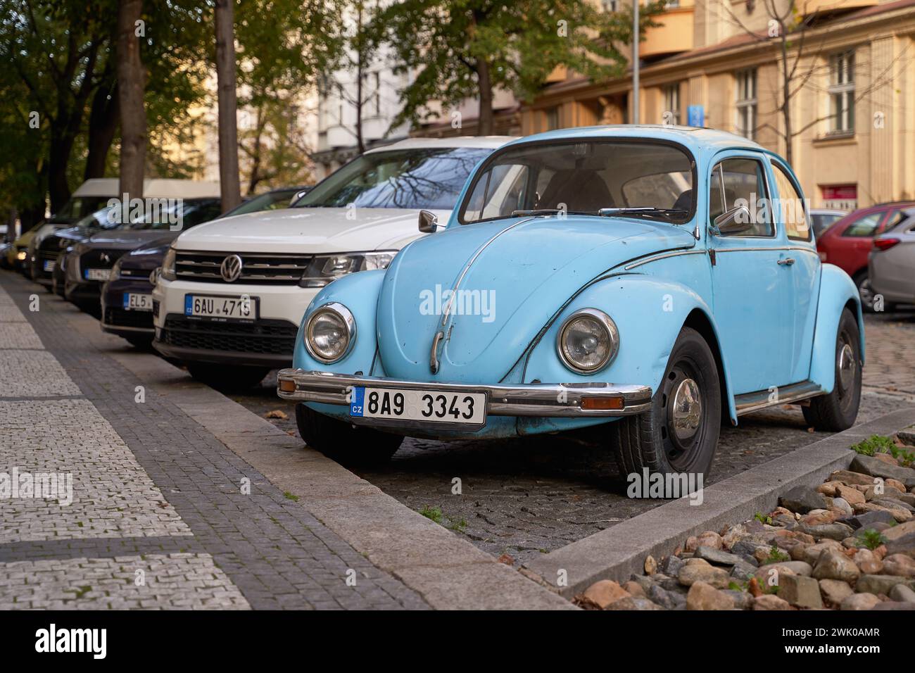 Front view of vintage light blue Volkswagen VW Beetle car parked on the ...