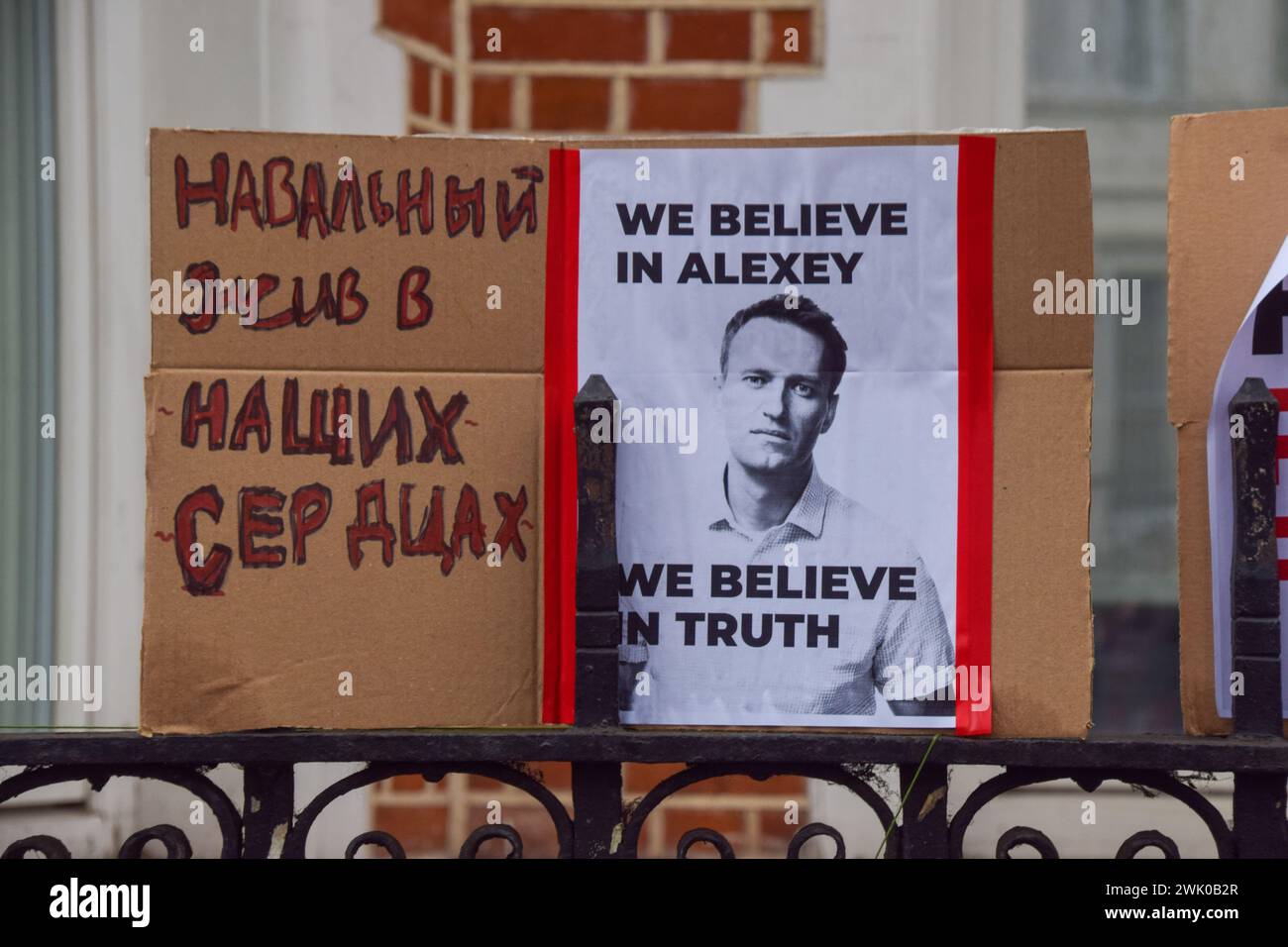 London, UK. 17th Feb, 2024. Tributes to Alexei Navalny are seen outside ...