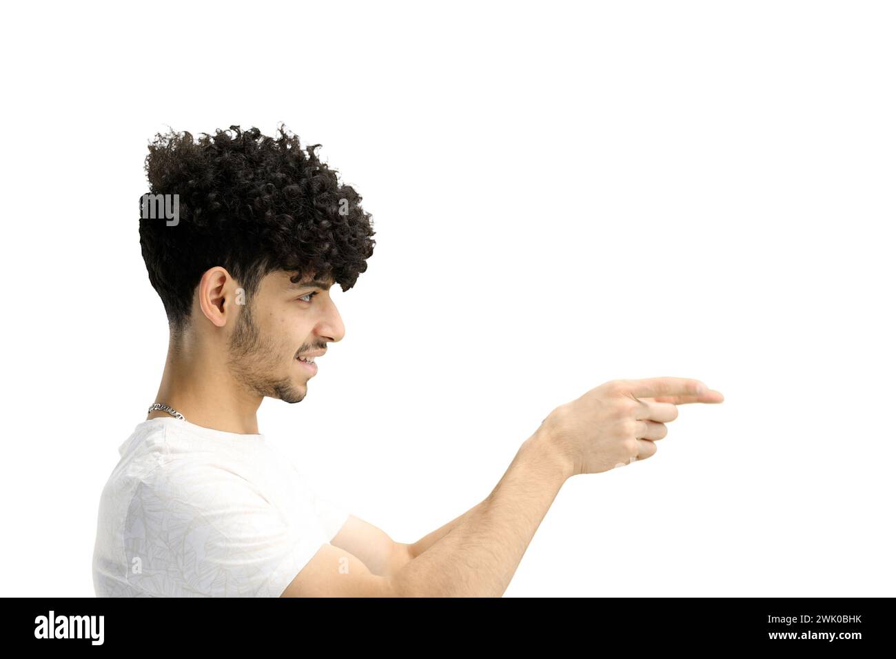 A man, on a white background, in close-up, points to the side Stock ...