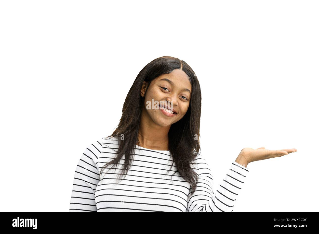 A woman, on a white background, in close-up, points to the side Stock ...