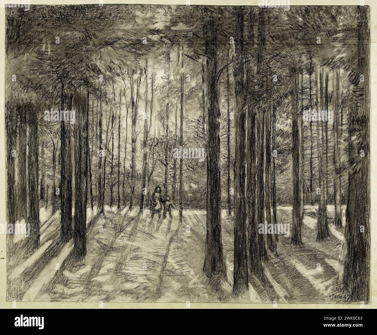 Arthur-Joseph Guéniot (1866-1951). Two children in pine wood. Charcoal ...