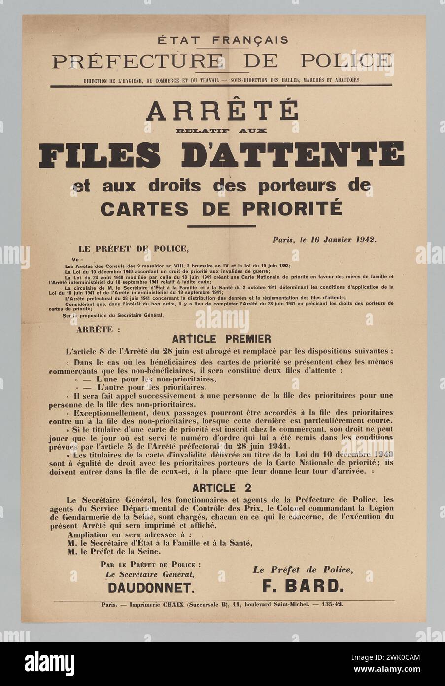 Imprimerie Chaix, French State/ Police Prefecture/ Direction of Hygiene ...