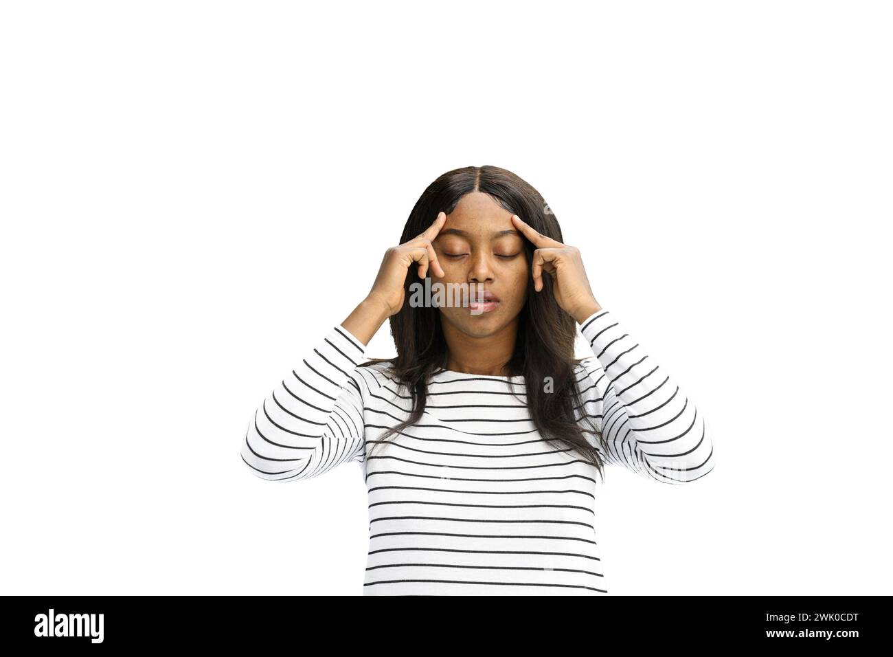 Woman, on a white background, in close-up, tired Stock Photo - Alamy