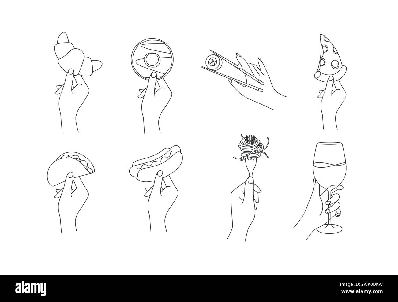 Hand holding food croissant, doughnut, sushi, pizza, taco, hot dog ...