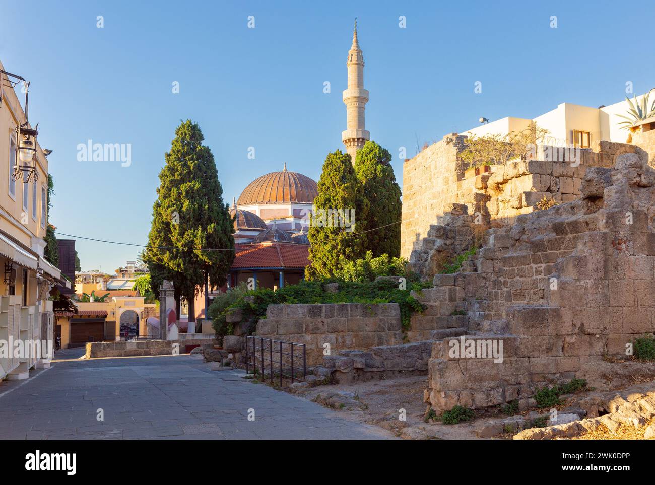 Pink medieval Ottoman Suleiman Mosque in the fortress at dawn Rhodes ...