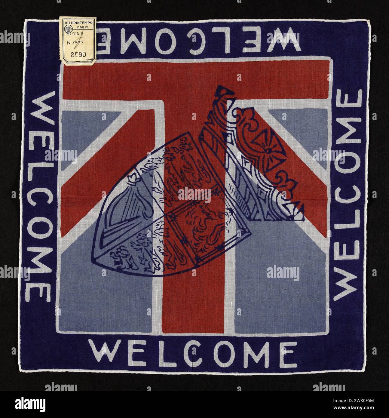 Welcome" handkerchief. Small blue and red print cotton square decorated ...