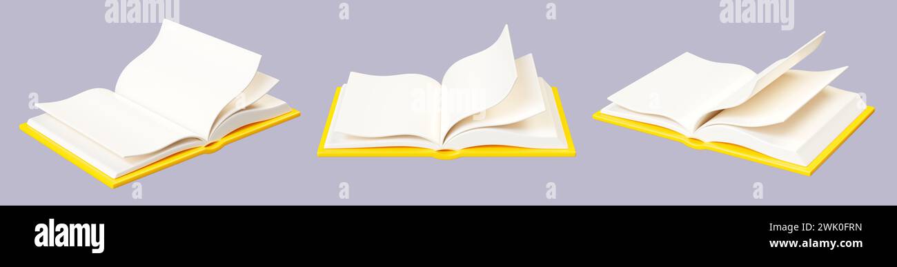 Open paper book with white pages and yellow hard cover in different ...