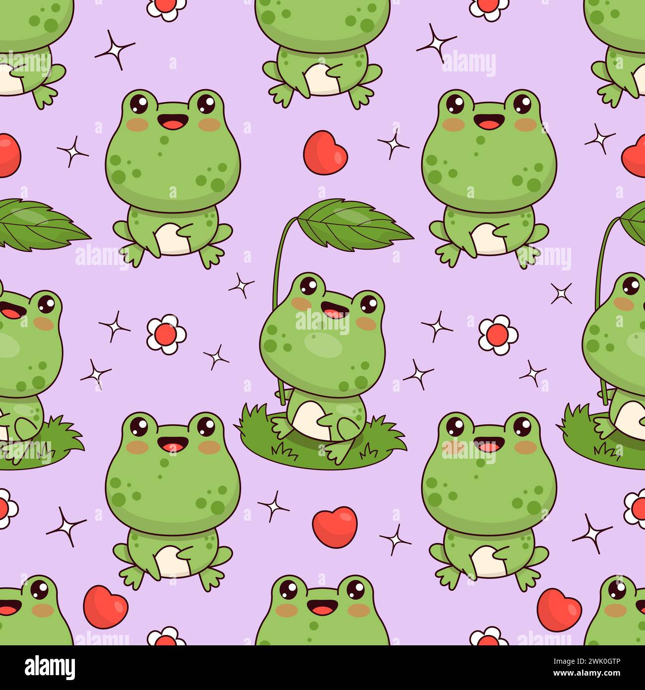 Seamless pattern with happy frogs on purple background. Cute kawaii ...