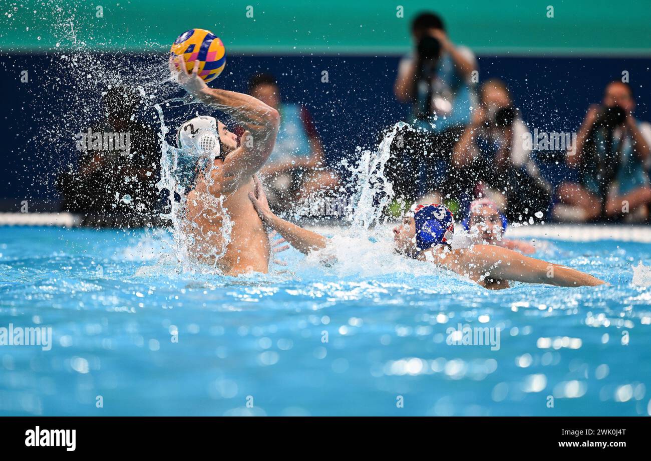 Doha, Qatar. 17th Feb, 2024. Loren Fatovic of Croatia shoots a ball ...