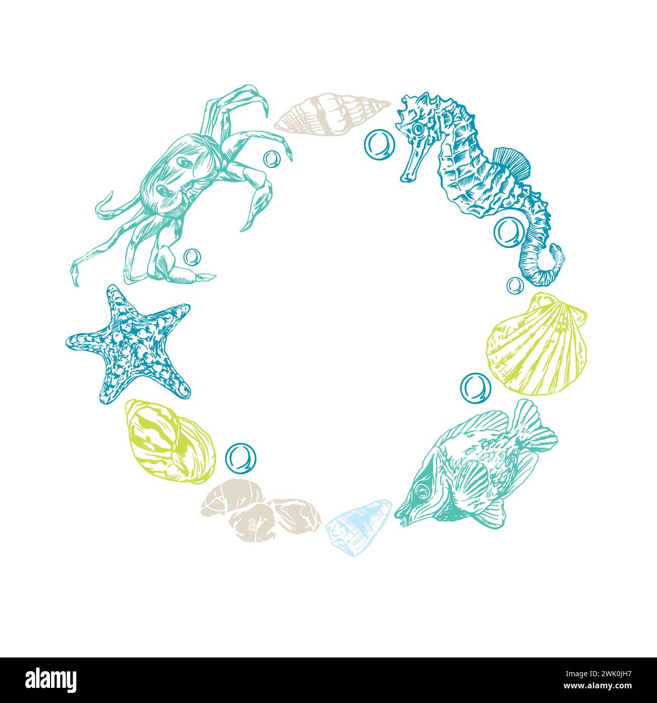 Marine frame, wreath. Seahorse, crab, fish, starfish, shells ...