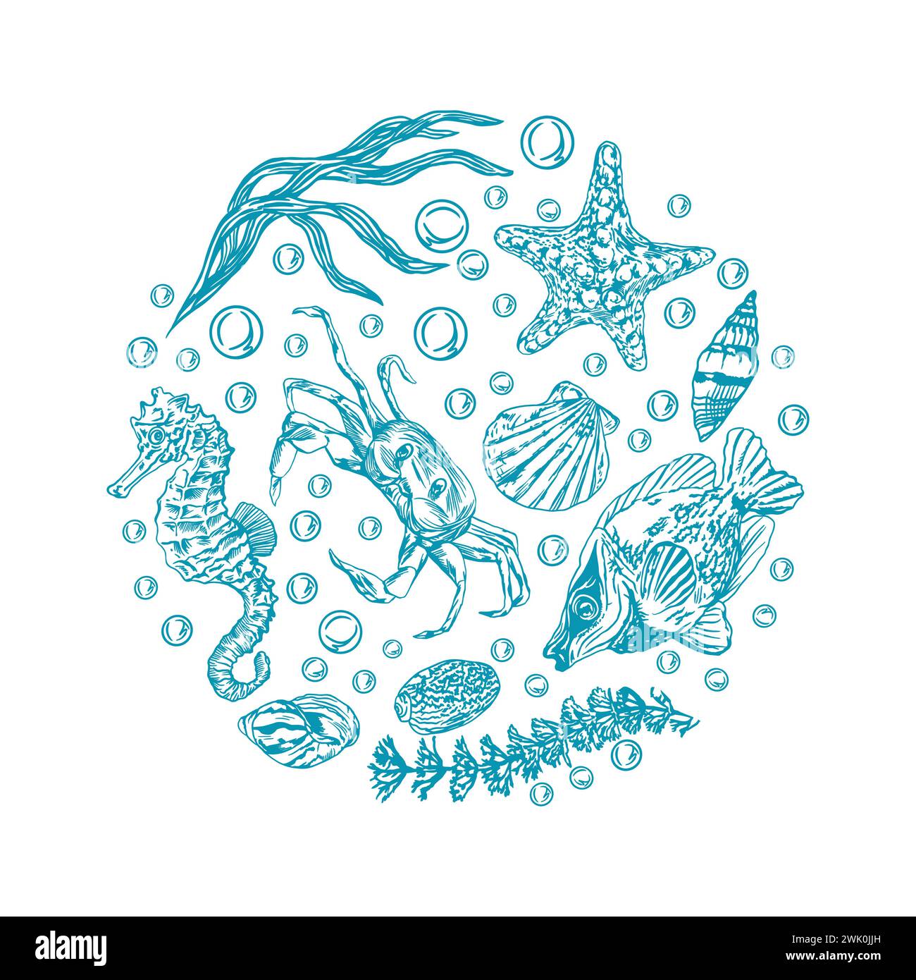 Sea animals, circle. Graphic. Crab, fish, shells, starfish, algae, sea ...