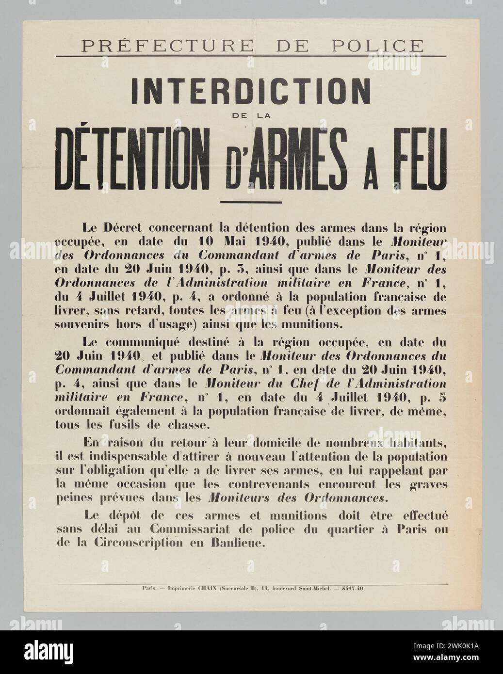 Imprimerie Chaix, Prefecture of Police/ Prohibition/ Detention of Arms ...
