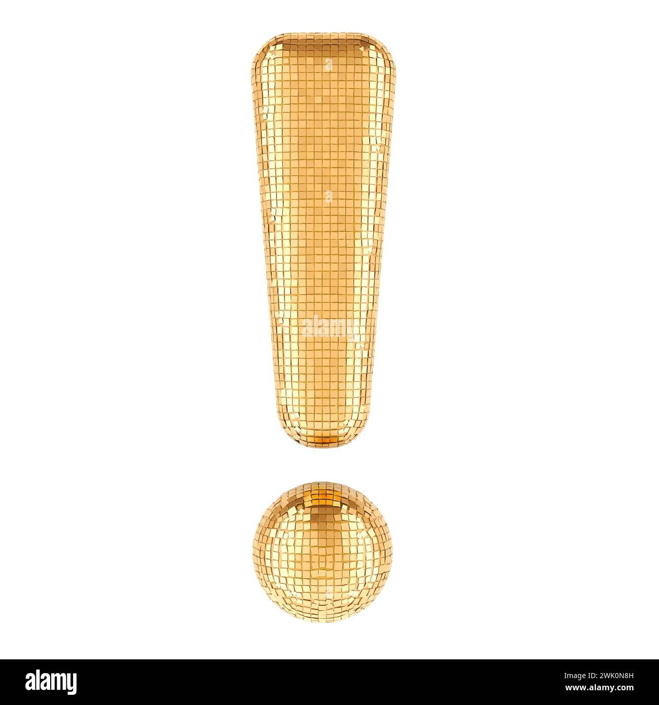 Exclamation mark from golden glitter mirror facets. 3D rendering ...