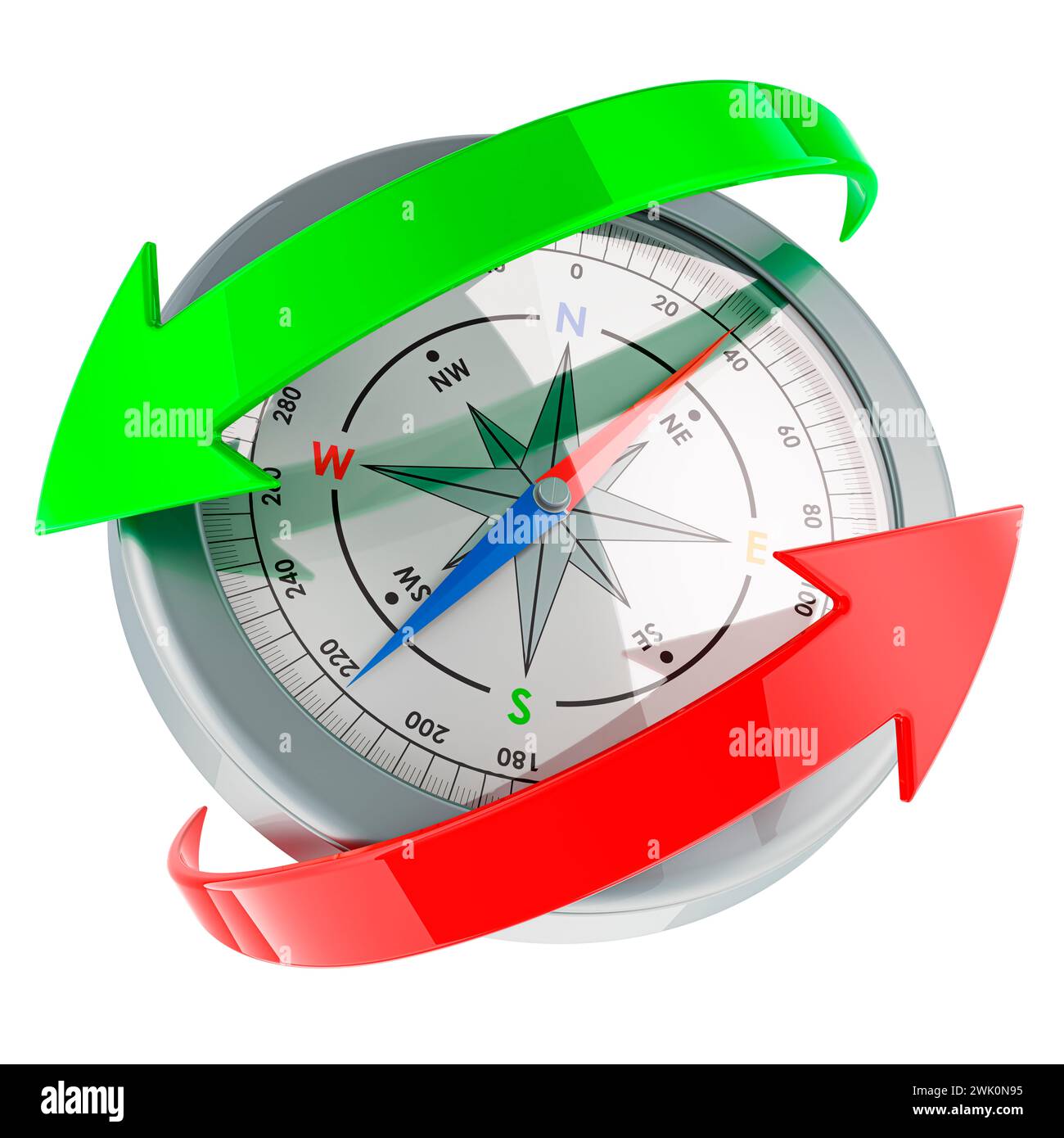 Compass with green and red arrows around. 3d rendering isolated on ...