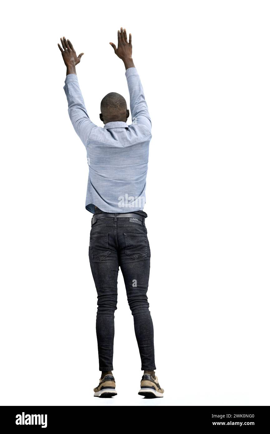 A man, full-length, on a white background, waving his arms Stock Photo ...