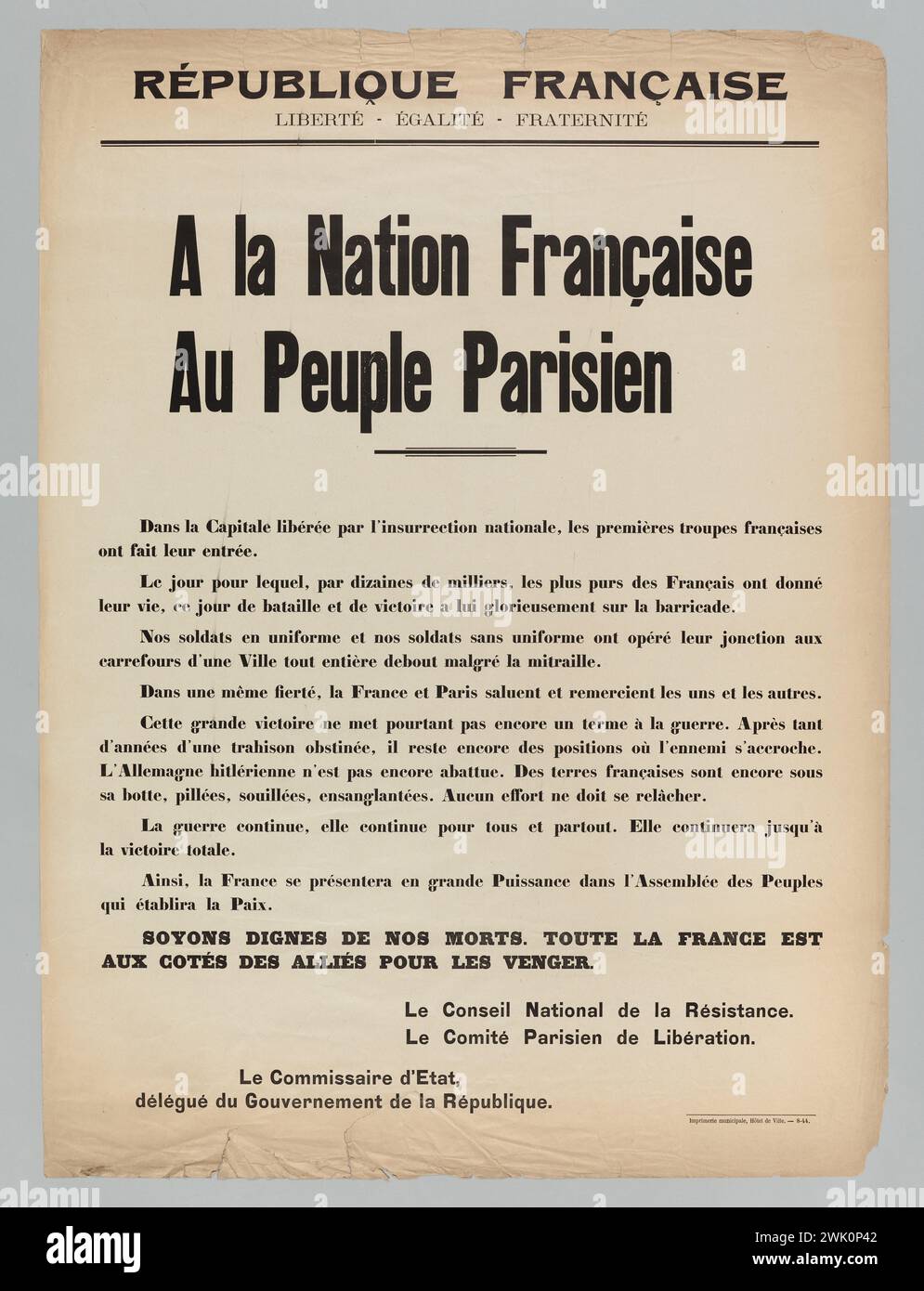 Municipal printing, town hall, French Republic/ Liberte - Egalite ...