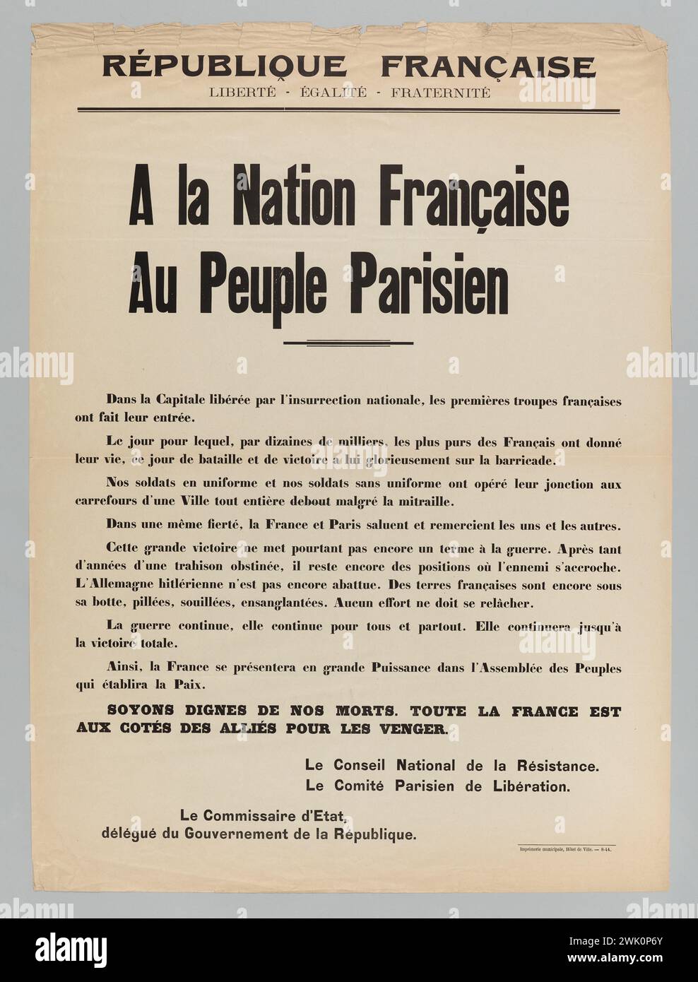 Municipal printing, town hall, French Republic/ Liberte - Egalite ...