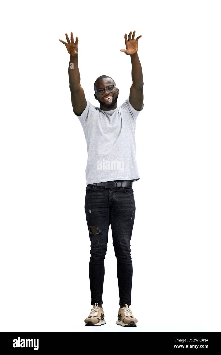 A man, full-length, on a white background, waving his arms Stock Photo ...