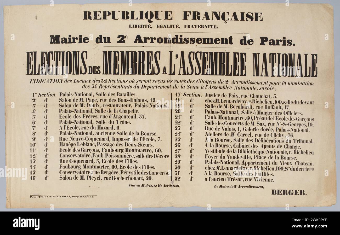Typ printing. APPPERT A., French Republic./ LIBERTE, EGALITE ...