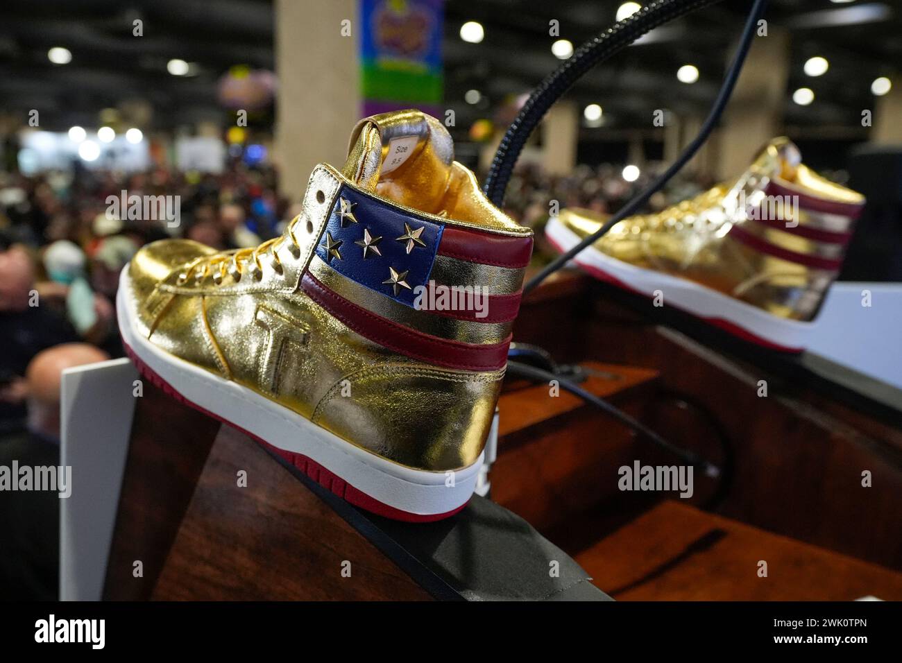 Gold Trump sneakers sit on the podium after Republican presidential ...