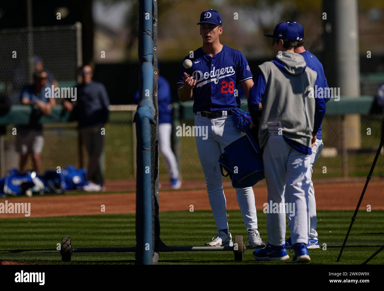 Los Angeles Dodgers pitcher Bobby Miller (28) flips a ball during ...