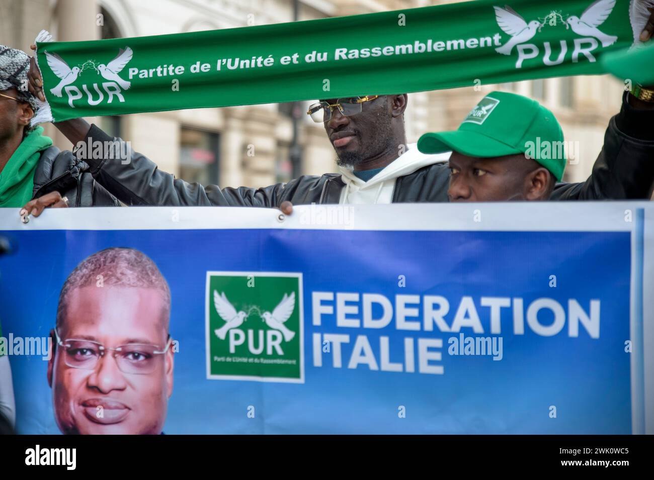 Rome, Italy. 17th Feb, 2024. A man shows the PUR scarf with the writing ...