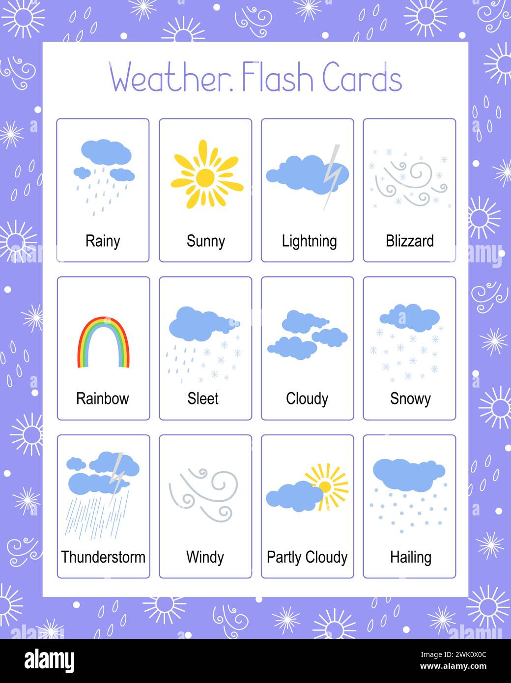 Weather flash cards topical vocabulary learning printable, educational ...