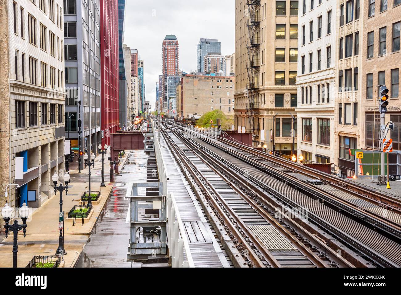 Empty elevated tracks with switches and signals in downtown Chicago on ...